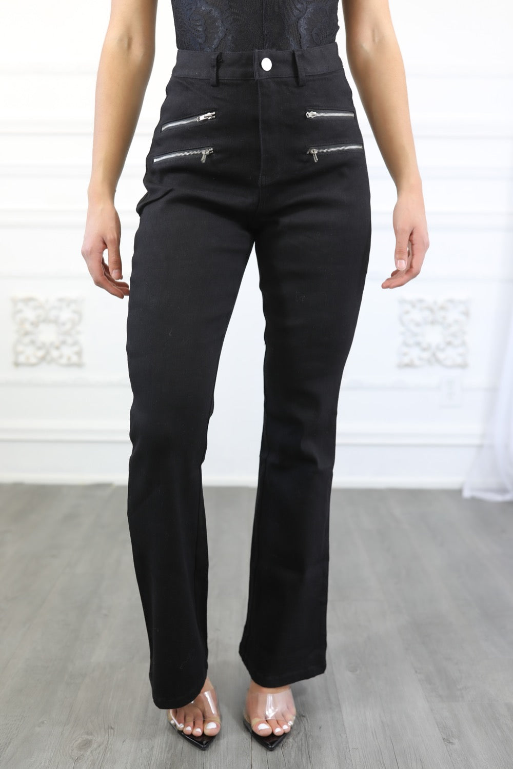 Black Flared Slacks With Double Zipper Detail – SURELYMINE